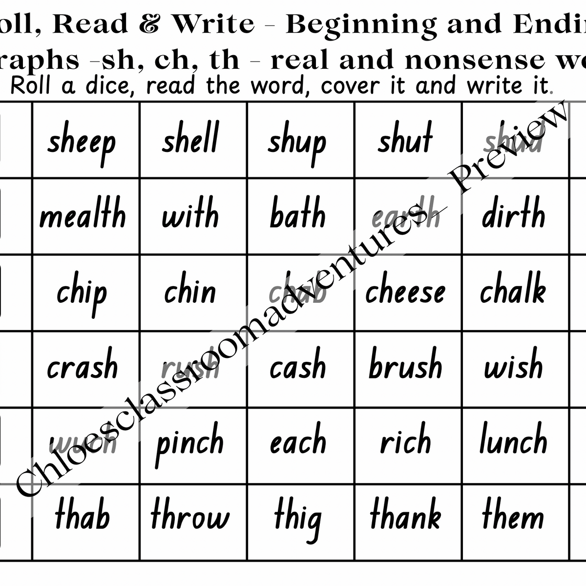 Roll, Read & Write Digraphs – Phonics Activities (sh, ch, th, wh, ph ...