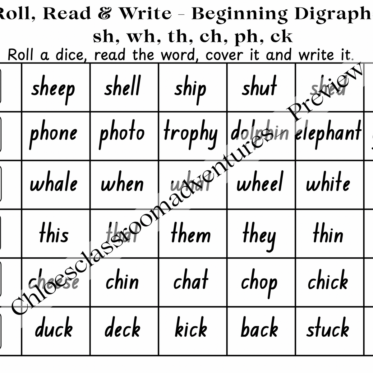 Roll, Read & Write Digraphs – Phonics Activities (sh, ch, th, wh, ph ...